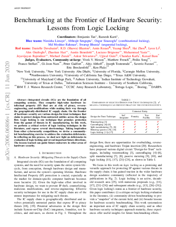 (PDF) Benchmarking at the Frontier of Hardware Security: Lessons from Logic Locking | Chandan ...