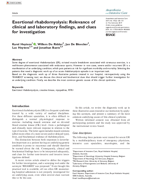 (PDF) Exertional rhabdomyolysis: Relevance of clinical and laboratory ...