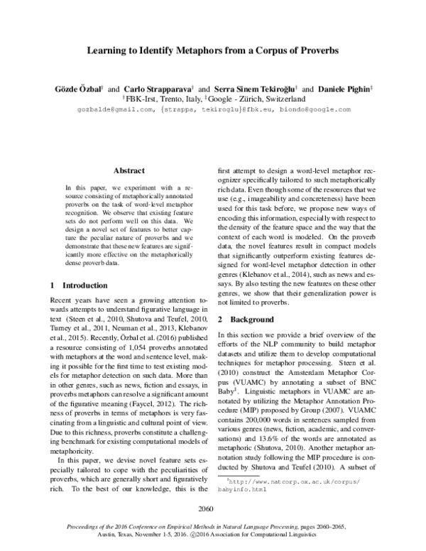 (PDF) Learning to Identify Metaphors from a Corpus of Proverbs | Gözde Özbal - Academia.edu