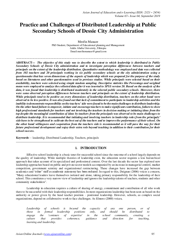 (PDF) Practice and Challenges of Distributed Leadership at Public Secondary Schools of Dessie ...