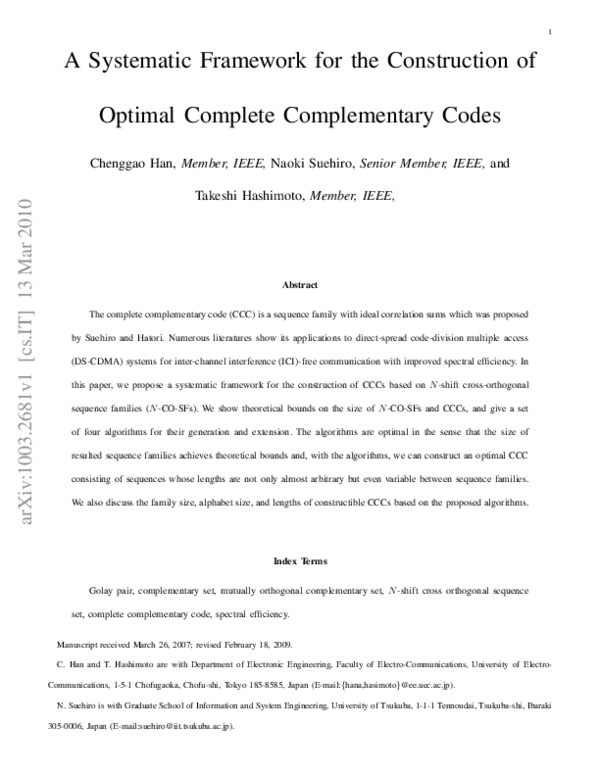 (PDF) A Systematic Framework for the Construction of Optimal Complete Complementary Codes ...