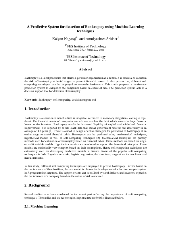 Pdf A Predictive System For Detection Of Bankruptcy Using Machine Learning Techniques
