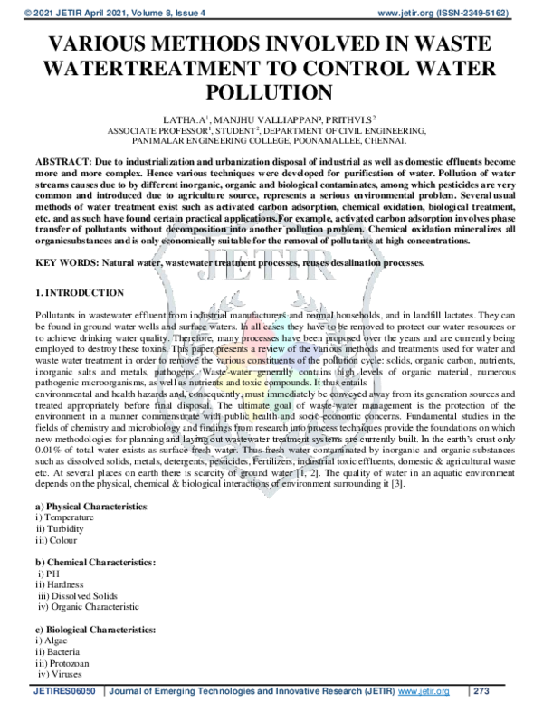 (PDF) Various Methods Involved in Waste Water Treatment to Control ...