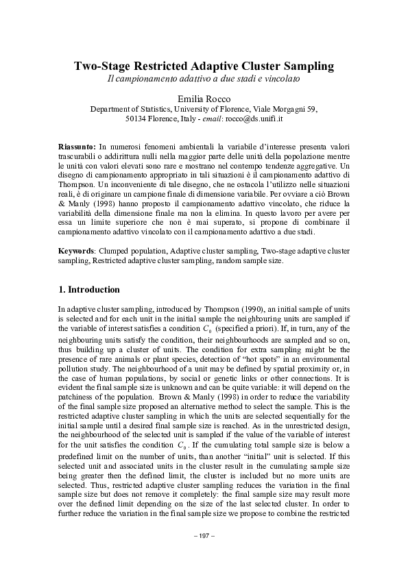Pdf Two Stage Restricted Adaptive Cluster Sampling Emilia Rocco