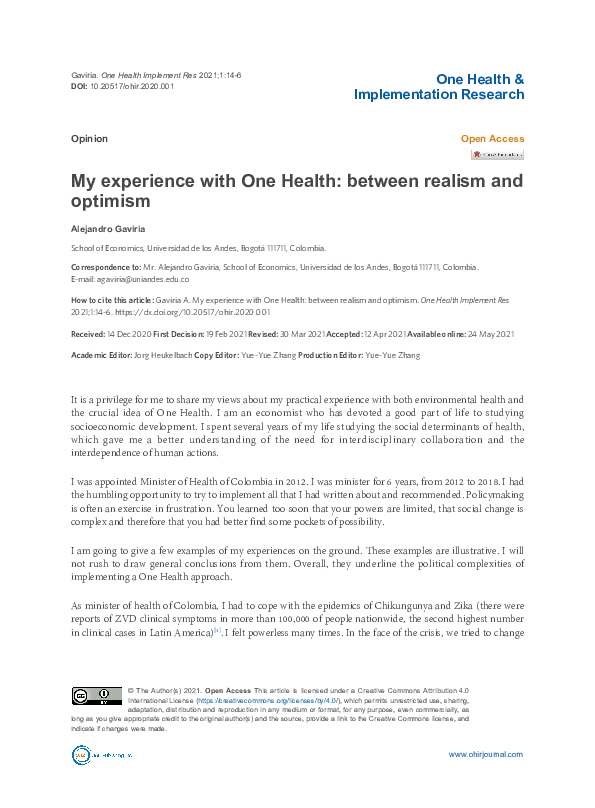 (PDF) My experience with One Health: between realism and optimism