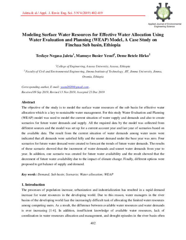 (PDF) Modeling Surface Water Resources for Effective Water Allocation Using Water Evaluation and ...