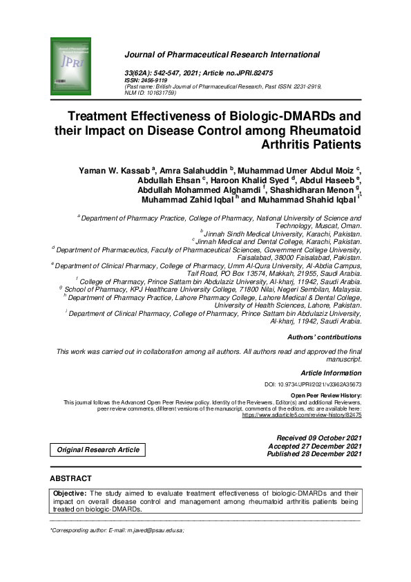 (PDF) Treatment Effectiveness of Biologic-DMARDs and their Impact on Disease Control among ...