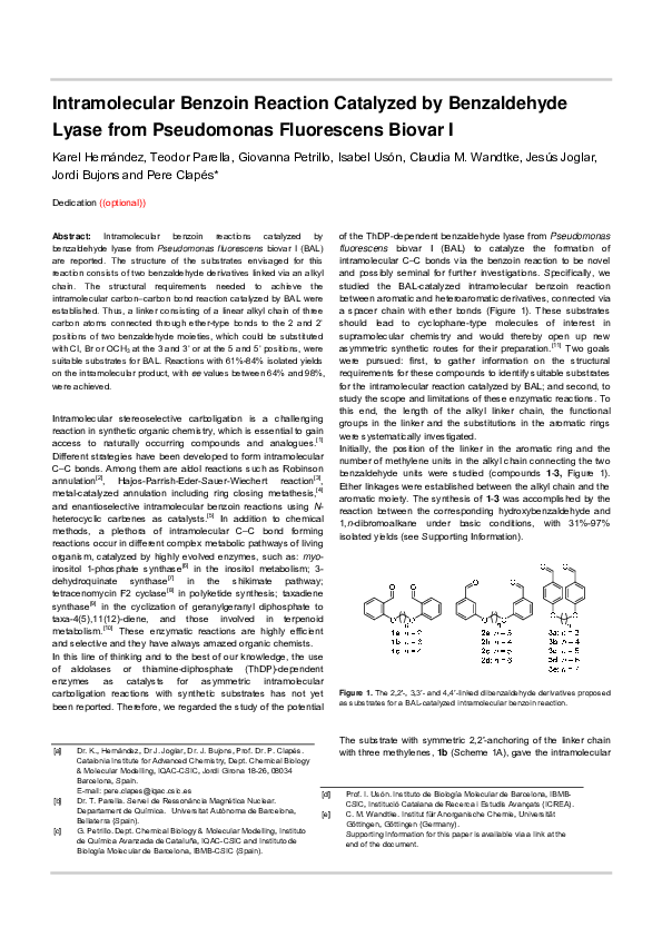 (PDF) Intramolecular Benzoin Reaction Catalyzed by Benzaldehyde Lyase ...