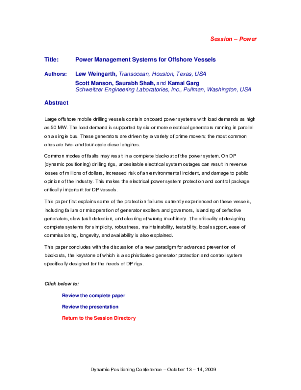 (PDF) Title: Power Management Systems for Offshore Vessels