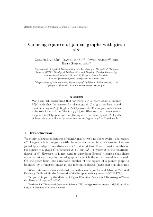(PDF) Coloring squares of planar graphs with girth six