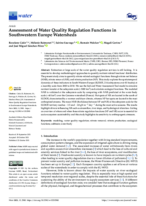 (PDF) Assessment of Water Quality Regulation Functions in Southwestern ...
