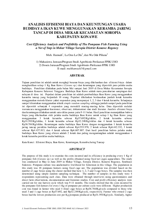 (PDF) Analisis Efisiensi Biaya Dan Keuntungan Usaha Budidaya Ikan Kuwe Menggunakan Keramba ...