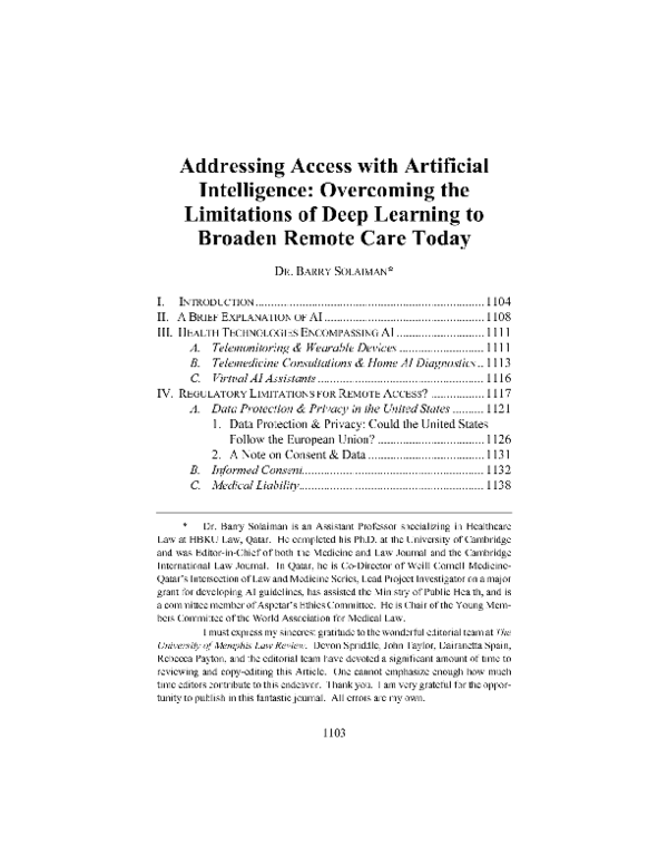 (PDF) Barry Solaiman Memphis Law Review 2021 Addressing Access with AI