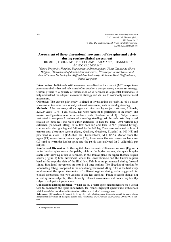 (PDF) Assessment of three-dimensional movement of the spine and pelvis ... (PDF) Assessment of three-dimensional movement of the spine and pelvis ...