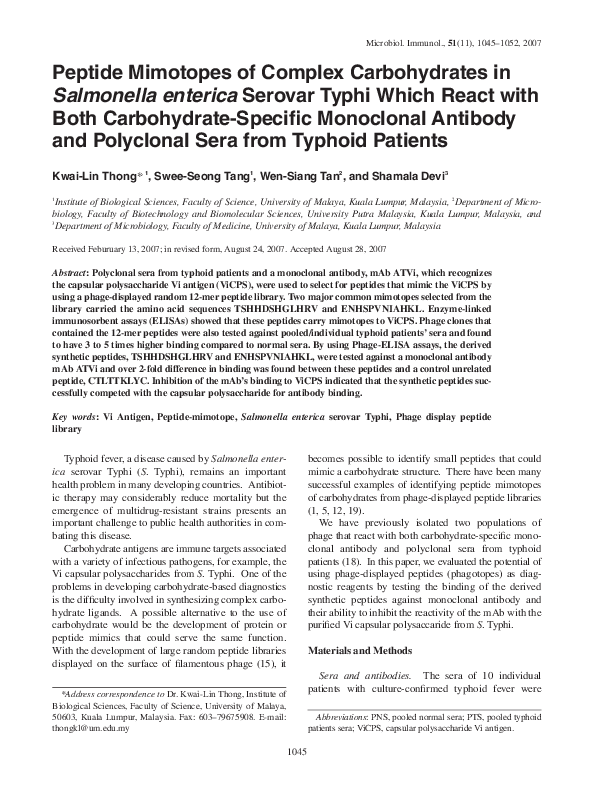 (PDF) Peptide Mimotopes Targeting S. Typhi Carbohydrates