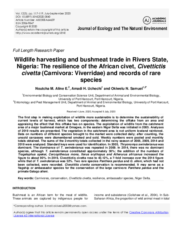 (PDF) Wildlife harvesting and bushmeat trade in Rivers State, Nigeria ...