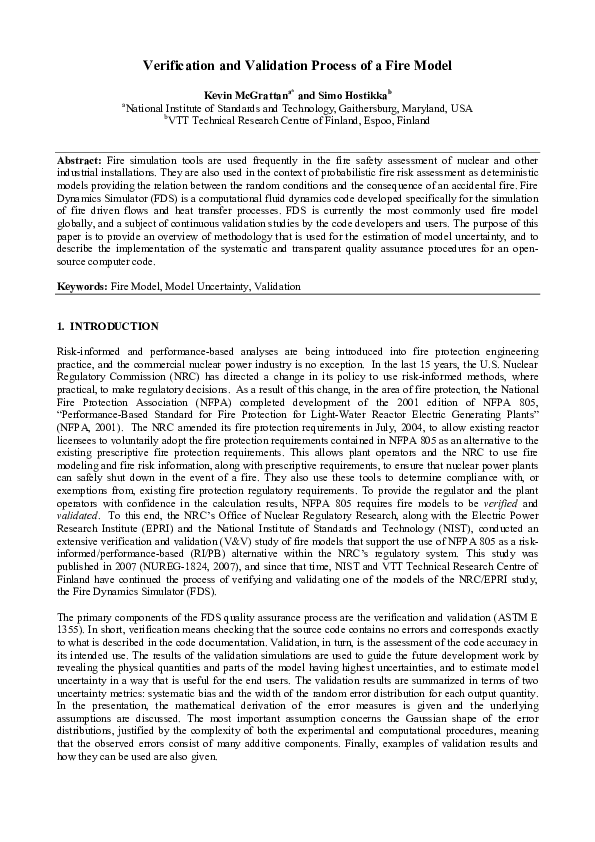 (PDF) Verification and Validation Process of a Fire Model | NIST