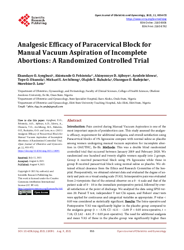 (PDF) Analgesic Efficacy of Paracervical Block for Manual Vacuum ...