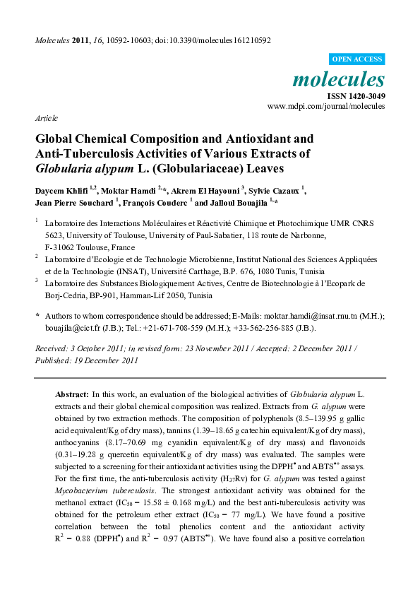 (PDF) Global Chemical Composition and Antioxidant and Anti-Tuberculosis Activities of Various ...