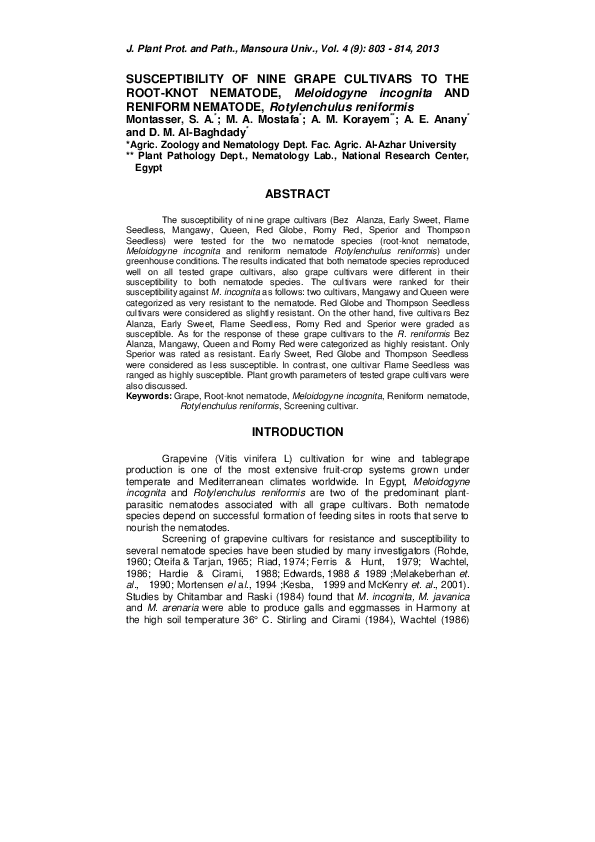 (PDF) SUSCEPTIBILITY OF NINE GRAPE CULTIVARS TO THE ROOT-KNOT NEMATODE ...