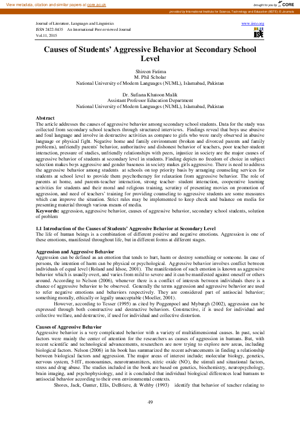 (PDF) Causes of Students’ Aggressive Behavior at Secondary School Level