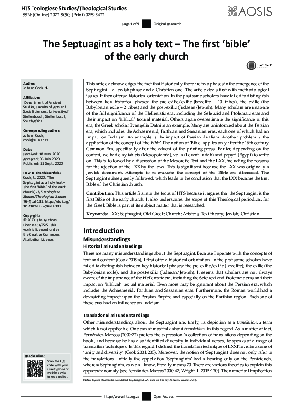 (PDF) The Septuagint as a holy text – The first ‘bible’ of the early church