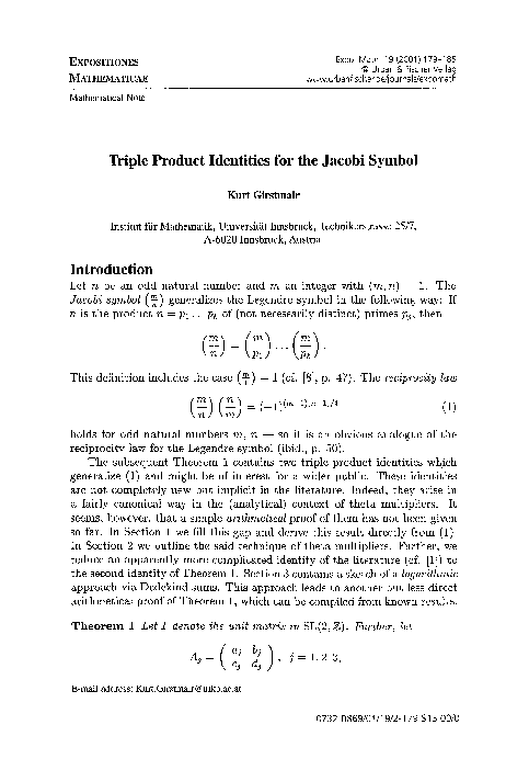 (PDF) Triple product identities for the Jacobi symbol