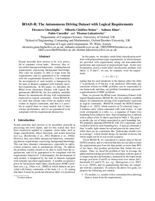 (PDF) ROAD-R: The Autonomous Driving Dataset with Logical Requirements