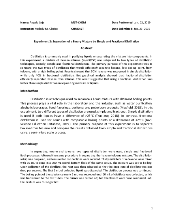 Doc Experiment 2 Separation Of A Binary Mixture Using Simple And