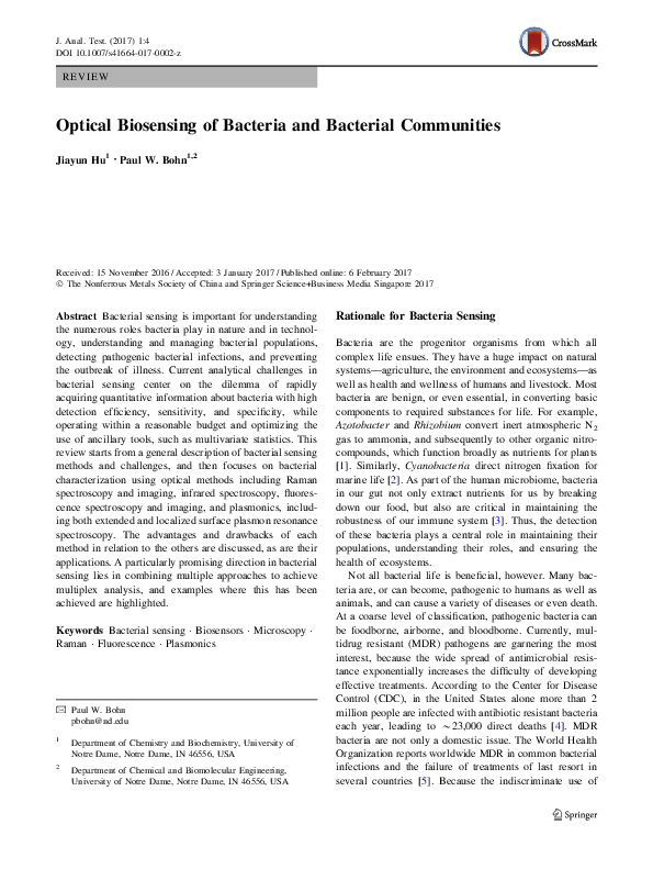 (PDF) Optical Biosensing of Bacteria and Bacterial Communities