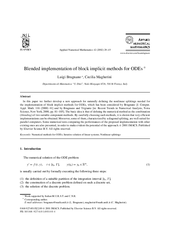 (PDF) Blended implementation of block implicit methods for ODEs*1 | Luigi Brugnano - Academia.edu
