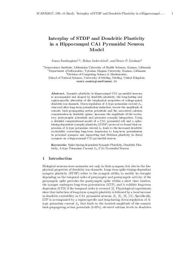 (PDF) Interplay of STDP and Dendritic Plasticity in a Hippocampal CA1 ...