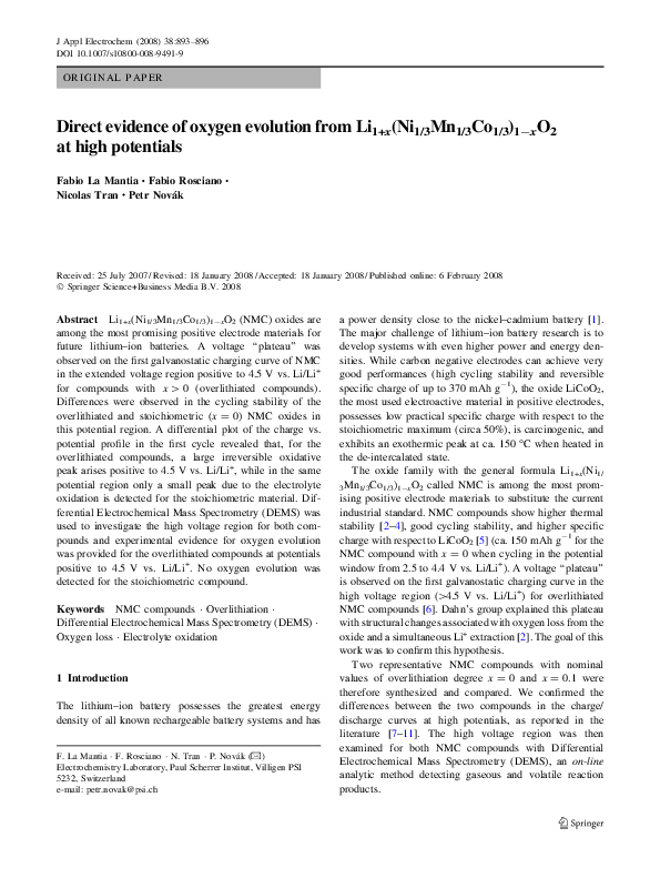 (PDF) Direct evidence of oxygen evolution from Li1+x (Ni1/3Mn1/3Co1/3)1−x O2 at high potentials
