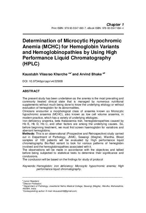 Determination of Microcytic Hypochromic Anemia (MCHC) for Hemoglobin ... Determination of Microcytic Hypochromic Anemia (MCHC) for Hemoglobin ...