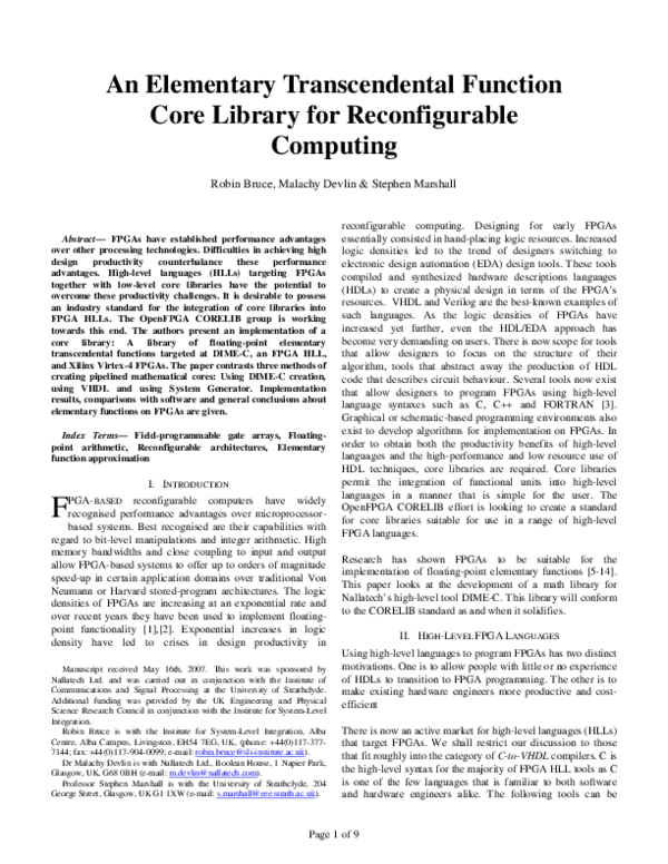 (PDF) An elementary transcendental function core library for reconfigurable computing