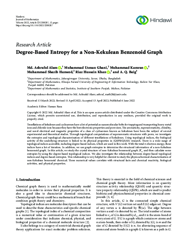 (PDF) Degree-Based Entropy for a Non-Kekulean Benzenoid Graph