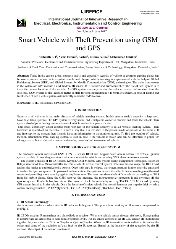 (PDF) Smart Vehicle with Theft Prevention using GSM and GPS