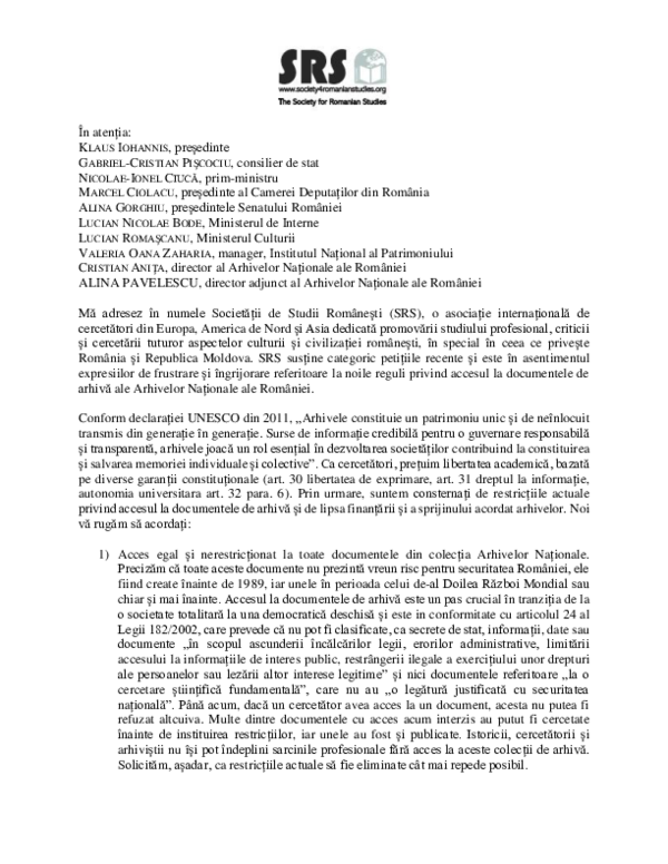 (PDF) Open Letter about the Romanian National Archives
