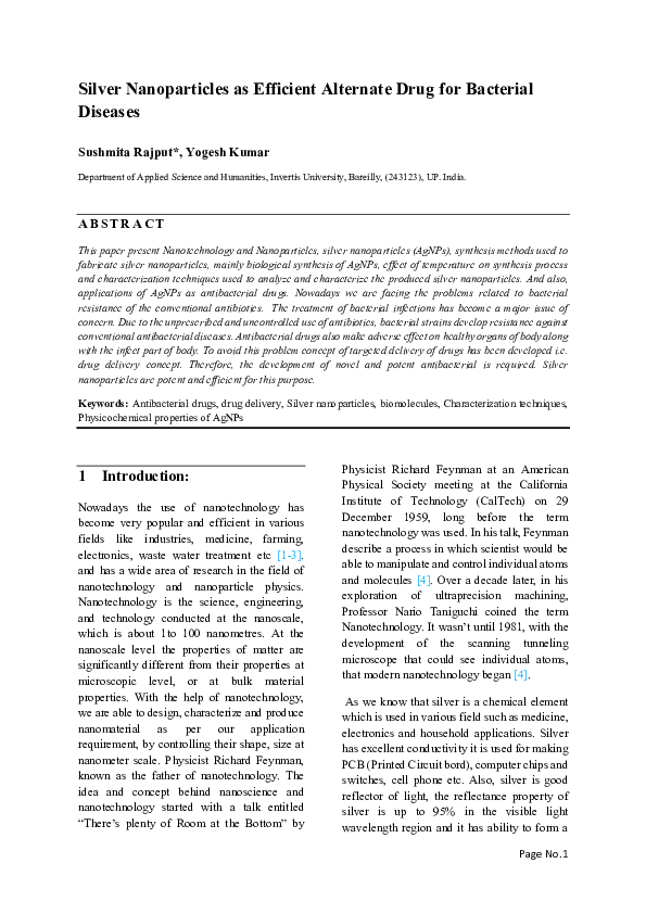 (PDF) Silver Nanoparticles as Efficient Alternate Drug for ...