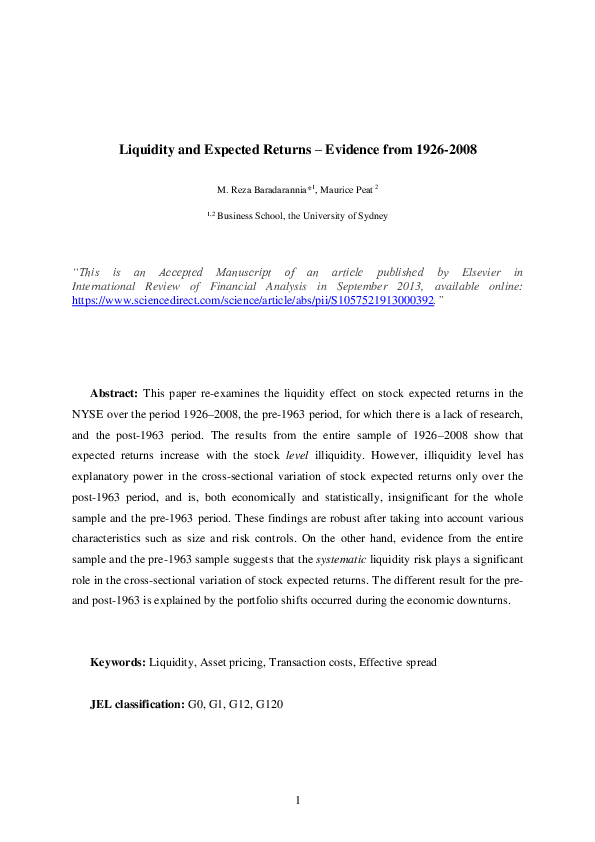 (PDF) Liquidity and Expected Returns -Evidence from 1926-2008
