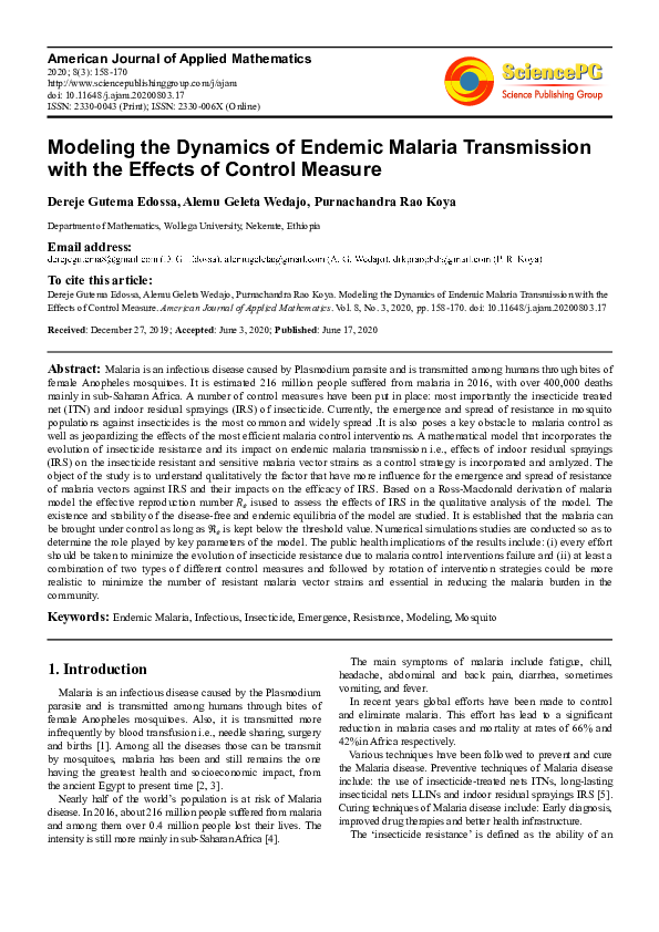 (PDF) Modeling the Dynamics of Endemic Malaria Transmission with the Effects of Control Measure