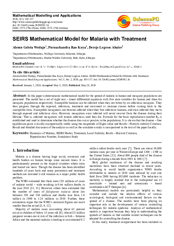 (PDF) SEIRS Mathematical Model for Malaria with Treatment