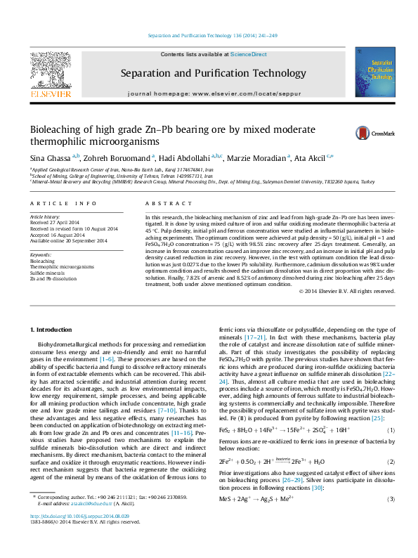 (PDF) Bioleaching of high grade Zn–Pb bearing ore by mixed moderate ...