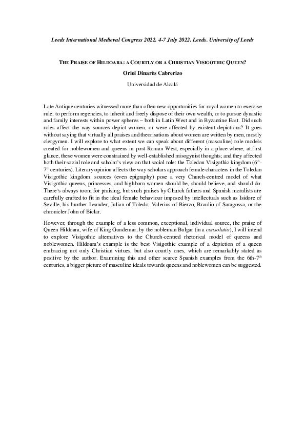 (PDF) The Praise of Hildoara: a Courtly or a Christian Visigothic Queen?