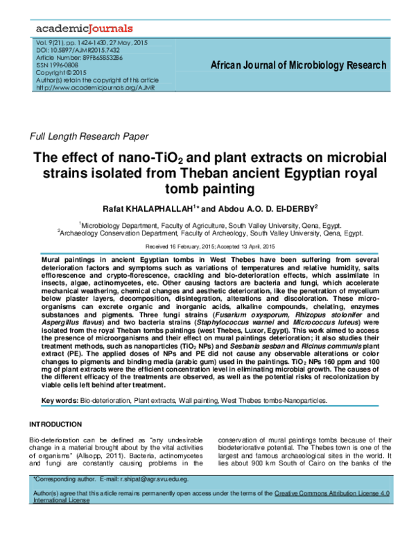 Pdf The Effect Of Nano Tio2 And Plant Extracts On Microbial Strains Isolated From Theban