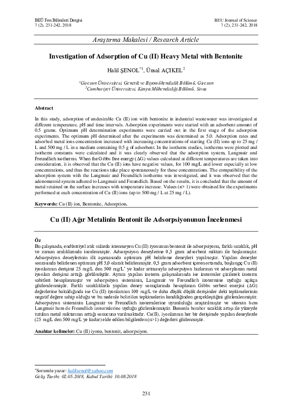 (PDF) Investigation of Adsorption of Cu (II) Heavy Metal with Bentonite