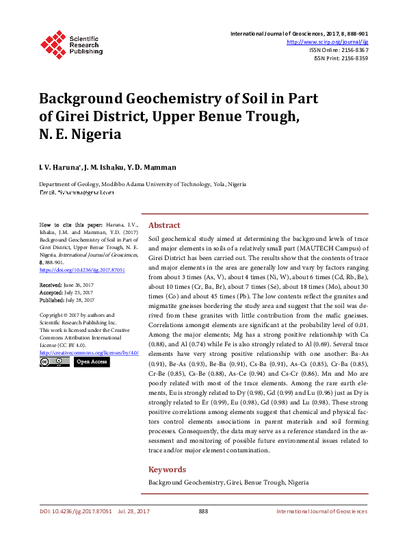 (PDF) Background Geochemistry of Soil in Part of Girei District, Upper ...
