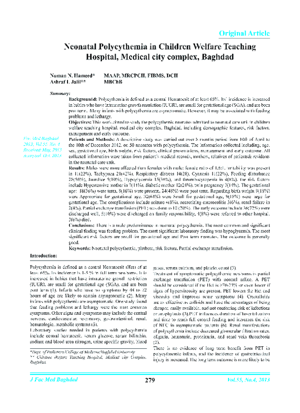 (PDF) Neonatal Polycythemia in Children Welfare Teaching Hospital ...