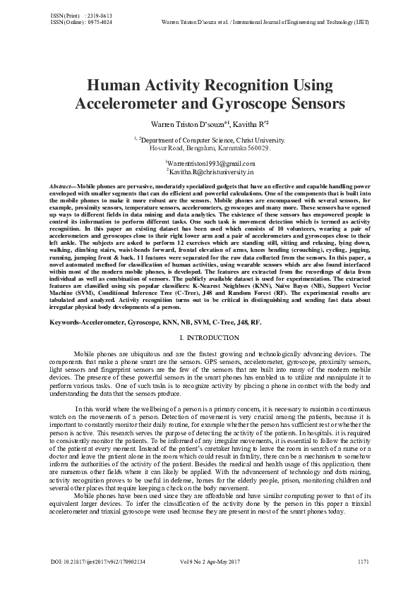 Pdf Human Activity Recognition Using Accelerometer And Gyroscope Sensors