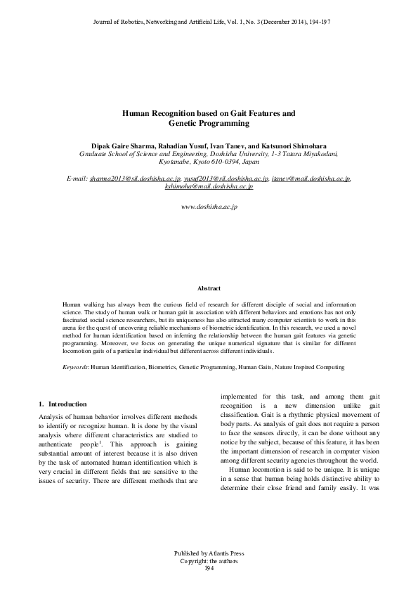 (PDF) Human Recognition based on Gait Features and Genetic Programming
